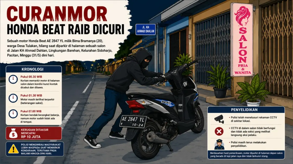 Diparkir Tanpa Kunci Stang, Motor Pemuda di Pacitan Raib dari Halaman Salon